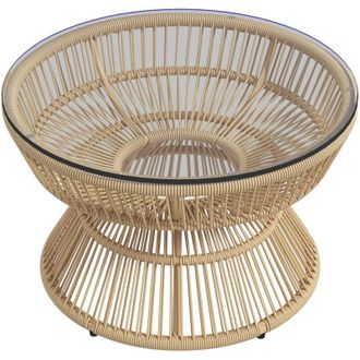 OUTSUNNY Table basse de jardin ronde r&eacute;sine aspect rotin plateau verre beige