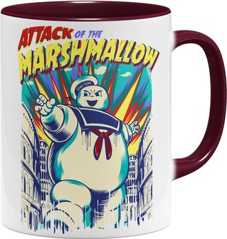 OM3 Ghost Marshmallow Attack Kaffee-Tasse mit Retro Motiv - Comic Style - Keramik Becher - 325ml - Beidseitig Bedruckt - Bordeaux