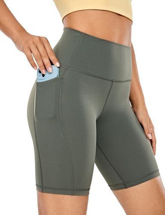 CRZ YOGA Femme Naked Feeling Short de Cycliste Yoga Short de Sport Taille Haute avec Poches - 10/13/15/20cm Sauge Grise 42