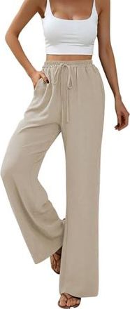 Generic Pantalon en lin pour femme - Long - D&eacute;contract&eacute; - A&eacute;r&eacute; - Jambes larges - Pantalon en lin - Taille haute - Avec cordon de serrage - Couleur unie - Avec