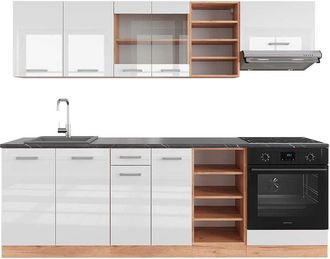 Vicco Küchenzeile R-Line, Weiß Hochglanz/Goldkraft Eiche, 240 cm, AP Anthrazit