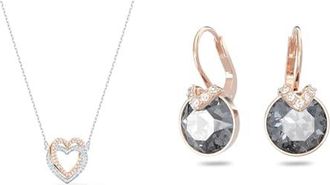 Swarovski Collier Infinity, deux Coeurs entremêlés Sertis de Cristaux Blancs, Mix de Métal, Blanc & Pendants DOreilles Bella V, Coupe Ronde, Grises, Placage de 