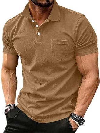 Generic Polo de golf &agrave; manches courtes pour homme - Couleur unie - Classique - L&eacute;ger - Pour l&eacute;t&eacute; - Sport - Coupe ajust&eacute;e - Avec poche de poitrine, Marron clai