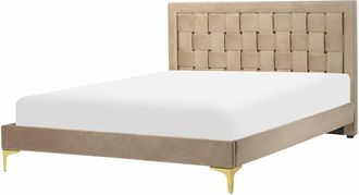 Beliani Bett Taupe Samtstoff mit Lattenrost 140 x 200 cm Hohes Kopfteil Goldenes Metallgestell Modern Glamourös Doppelbett Ehebett Schlafzimmer Möbel