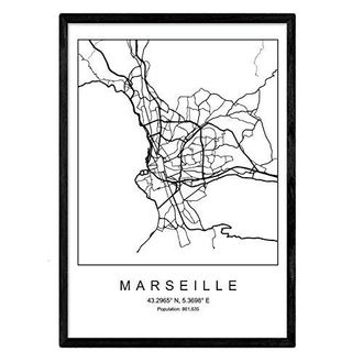 Nacnic Feuille Plan de Ville Marseille. Photos, Impressions et Affiches pour Le Salon, la Chambre &agrave; Coucher... Style Nordique en Noir et Blanc. Poster de Pay