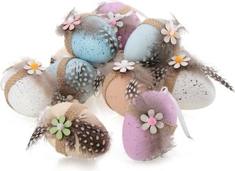Com-Four 12x Ostereier zum Aufh&auml;ngen 7 x 5 cm, mit Federn und Holz-Blume - farbige Ostereier in Wachtelei-Optik - Aufh&auml;nger f&uuml;r den Osterstrauch aus Kunststoff