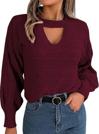 Generic Haut torsad&eacute; &eacute;l&eacute;gant &agrave; col rond avec manches lanternes pour le travail de bureau, bordeaux, taille unique