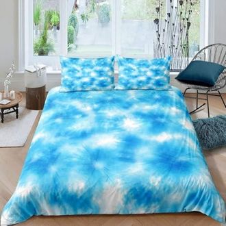 Generic Housse de Couette 240 x 260 Tie-Dye Imprim&eacute;e 3D D&eacute;grad&eacute; Bleu et Blanc Parure de Lit 2 Personnes Doux Microfibre Literie avec 2 Taies Doreillers 65x65 
