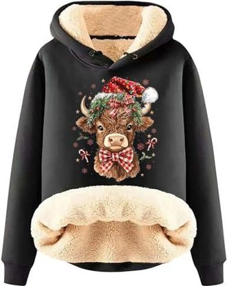 Generic Chandail en molleton à motif de vache Highland pour femme - Pull de Noël chaud dhiver doublé en polaire Sherpa - Joli pull fantaisie à manches longues