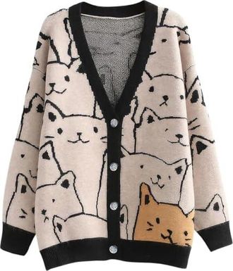 Lazutom Cardigan pour femme - Motif chat mignon - Automne et hiver - Col en V - Style vintage, beige, Taille unique