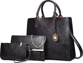 Generic Grand sac &agrave; main en cuir pour femme - Sac &agrave; bandouli&egrave;re - Poign&eacute;e sur le dessus - Avec pochette - Lot de 3, Noir, Large