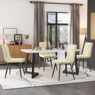 Generic Esszimmerstühle 4er Set Beige aus Samt mit Fischgrätenmuster, Komfort-Polsterstuhl mit Rückenlehne und schwarzen Metallbeinen, modernes Design für Ess