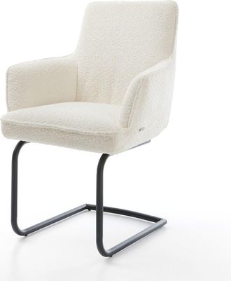 DELIFE Freischwinger Heira-Flex mit Armlehnen Bouclé Weiß Freischwinger rund Schwarz Taschenfederkern, Esszimmerstühle