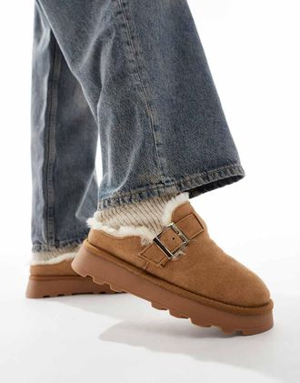 South Beach Mules aus echtem Schaffell in Kastanienbraun mit Schnalle