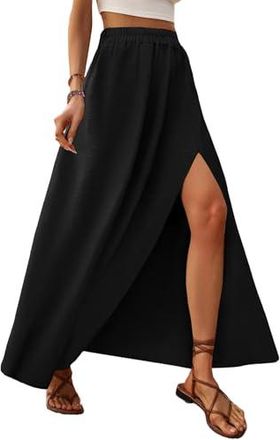 Zeagoo Jupe Femme Longue Élégante Été Jupes A-Ligne Taille Haute Elastique Maxi Jupe Couleur Unie Flowy Décontractée Jupon Jupes de Plage Fendue Noir XXL