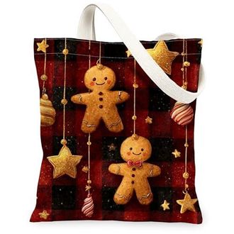 Generic Sacs fourre-tout en toile de pain d&eacute;pices, sacs de courses r&eacute;utilisables, motif festif, No&euml;l rustique, l&eacute;ger, lavable, Rouge, 13x15 Inch