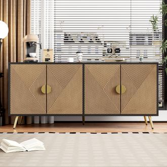Generic HUQIQWE Sideboard 160 cm Schwarz Holzmaserung mit Vier T&uuml;ren und Soft-Close, Anrichte Sideboard aus MDF mit Goldenen Griffen, Stauschrank als Buffetsc