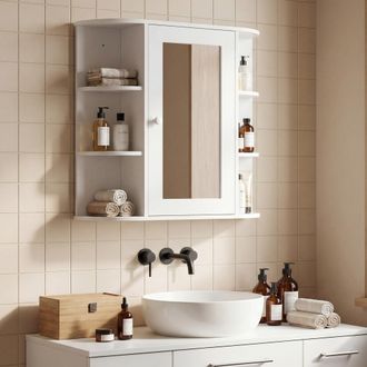 HOMCOM Spiegelschrank Bad, Badezimmerschrank mit Spiegelt&uuml;r, Badschrank mit offenen Regalb&ouml;den, H&auml;ngeschrank Wandschrank, Wei&szlig;, 66 x 17 x 63 cm