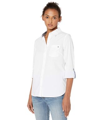 Tommy Hilfiger Damen Solid Button Kragen Hemd mit verstellbaren Ärmeln, Helles Weiß, X-Groß
