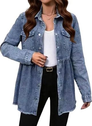 Generic Veste tunique oversize en jean pour femme, style chemise en jean d&eacute;lav&eacute;, d&eacute;contract&eacute;e et l&eacute;g&egrave;re, id&eacute;ale pour le printemps, bleue, taille XL