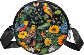 Generic Petit sac &agrave; bandouli&egrave;re rond pour femme, motif oiseaux et fleurs, sac &agrave; dos avec fermeture &eacute;clair, bretelles r&eacute;glables, sac &agrave; main rond d&eacute;contract&eacute; po