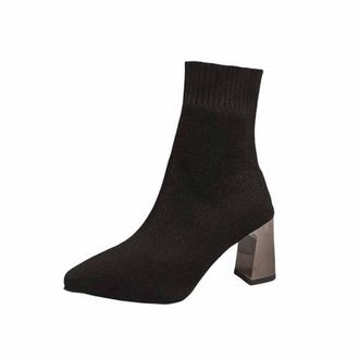 Generic Bottines pour femme en tricot extensible - Couleur unie - Bout pointu - Talon bloc - Confortables - Classiques - &Eacute;l&eacute;gantes et d&eacute;contract&eacute;es, Noir, 37.