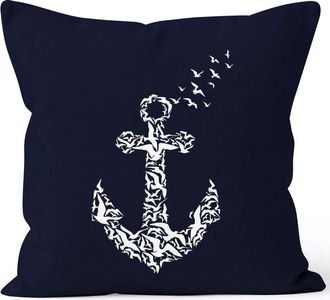 Autiga Zauberhafter Kissenbezug Vogel Anker Anchor Birds Kissen-H&uuml;lle Deko-Kissen 40x40 Baumwolle Navy 40cm x 40cm