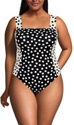 Lands End Badeanzug mit Karree-Ausschnitt, extra hohes Bein, Damen, Größe:52 plus, Schwarz, Elasthan/Nylon-Mischung, by Lands End