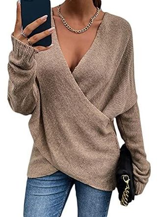 Onsoyours Pull Femme col V Pullover Sexy Chandail Manches Longues Sweater Mode Traverser Tricoté Haut Automne Hiver Kaki XL