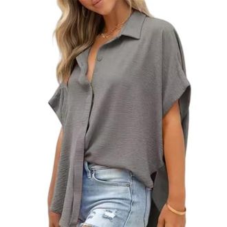 Generic Normaltly Chemise de couleur unie, chemise d&eacute;contract&eacute;e &agrave; manches courtes pour femme, ourlet fendu, haut de couleur unie, v&ecirc;tements tendance &agrave; col en 