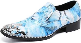 Generic Mocassins décontractés à enfiler avec bout en métal et talon en cuir véritable pour homme, pour mariage, fête, bal de fin dannée, style western, bleu,