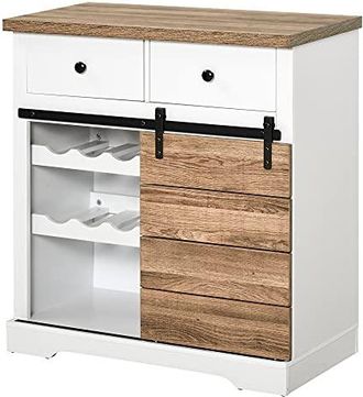 HOMCOM Meuble de Cuisine Rustique avec 2 tiroirs, &eacute;tag&egrave;res Ouvertes et Porte-Bouteilles, Buffet en Bois et m&eacute;tal, 80 x 39 x 86 cm, Blanc et Couleur Bois