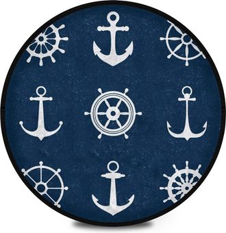Mnsruu Runder Teppich mit Schiffsrad-Ankermotiv, rutschfest, für Eingangsbereich, Flur, Sofa, Wohnzimmer, Schlafzimmer, Heimdekoration, 92 cm Durchmesser