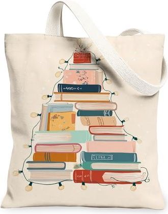 Generic Sacs fourre-tout en toile avec livres de No&euml;l, design litt&eacute;raire de vacances, sacs d&eacute;picerie r&eacute;utilisables, vintage, l&eacute;gers, lavables, Beige, 13x15 In