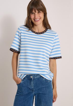 Cecil T-Shirt CECIL, Damen, Gr. XXL (46), blau (easy blau), Stoff, 49% Polyester, 44% Viskose, 7% Elasthan, gestreift, comfort fit normal, Rundhals, B&uuml;ndche