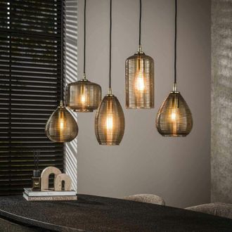 Pier Import Suspension de table en verre brun 5 lampes stri&eacute;es NOVA