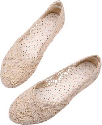 Minetom Ballerines Femme Dentelle Chaussures Respirantes Confortable Ballerines D&eacute;contract&eacute;es L&eacute;g&egrave;re Plates &agrave; Enfiler A Beige 38 EU