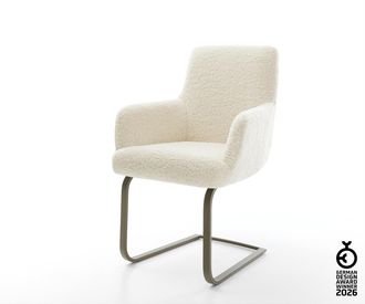 DELIFE Freischwinger Heira-Flex mit Armlehnen Teddystoff Beige Freischwinger flach Effektfinish Titan Taschenfederkern, Esszimmerst&uuml;hle