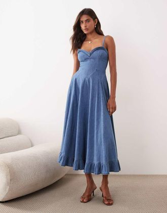 Free People Midikleid in Blau mit tiefer Taille