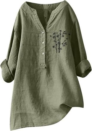 Generic Haut ample en lin et coton pour femme - Manches 3/4 - Confortable - Robe surdimensionn&eacute;e d&eacute;contract&eacute;e - Col en V - Manches longues - Graphique - Gaze 