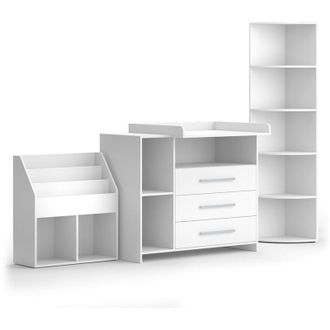 Vicco Ensemble de meubles pour b&eacute;b&eacute;s Oskar, Blanc, 3 pi&egrave;ces, avec commode &agrave; langer, &eacute;tag&egrave;re &agrave; jouets et biblioth&egrave;que