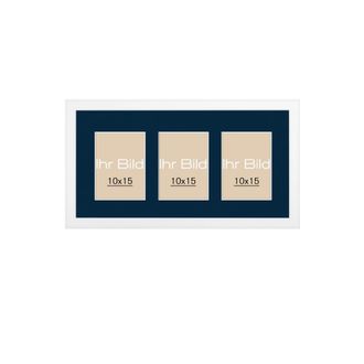 Bildershop-24 Bilderrahmen Collage Monza Weiß (matt) 50x27cm mit DREI Passepartout-Ausschnitten 10x15cm in Blau Fotorahmen, Wechselrahmen, Posterrahmen, Puzzlerahme