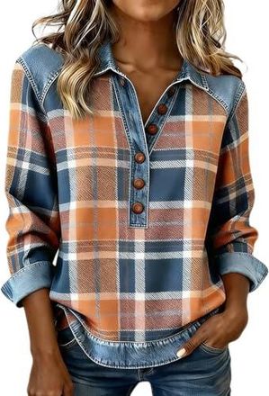 Generic Polo &agrave; manches longues pour femme - Col en V - Avec boutons - Denim Patchwork - Pull tendance et d&eacute;contract&eacute; - T-shirt &agrave; manches longues - Sweat-shirt