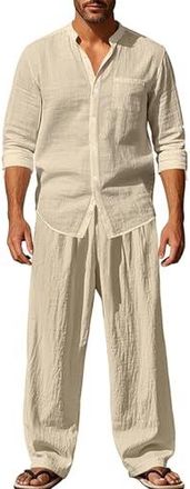Generic Ensemble 2 pi&egrave;ces en lin pour homme - Chemise boutonn&eacute;e &agrave; manches longues avec pantalon ample &agrave; jambes larges, costume de plage l&eacute;ger pour homme, cost