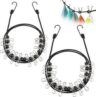 Com-Four 2X Reisewäscheleine - 180-350 cm Je Leine - Camping Wäscheleine Mit Reflektierendem Spanngummi - 12 Metall Klammern - Mobile Wäscheleine Mit Haken (Ed