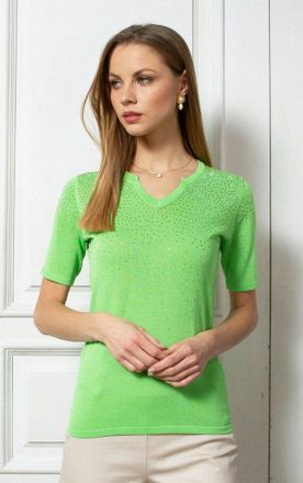 Passioni Sweater Kurzarmpullover in Gr&uuml;n mit Strassverzierung