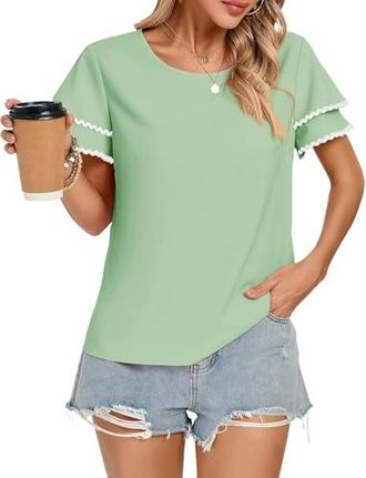 Kate Kasin Haut d&eacute;contract&eacute; &agrave; col rond et manches volant&eacute;es pour femme, coupe ample, chemisiers d&eacute;t&eacute; solides hauts basiques, Vert, L