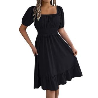 Generic Robe noire festive pour femme - Style printanier - Style &eacute;l&eacute;gant - Style vacances - Couleur unie - Avec manches bouffantes, Noir, XXL