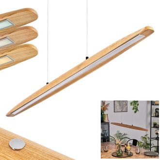 HOFSTEIN LED Pendelleuchte Fugelsta, dimmbare Pendellampe aus Metall/Holz/Kunststoff in Schwarz/Holz hell/Wei&szlig;, H&auml;ngeleuchte Retro mit Holzbalken und Touchdimm