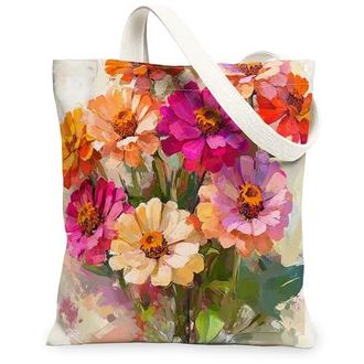 Generic Spring Zinnia Sac fourre-tout en toile r&eacute;utilisable pour faire du shopping 33 x 38,1 cm, motif floral aquarelle, sac d&eacute;picerie pour femme, plage botan